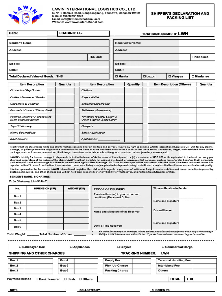Lawin Packing List Shippers Declaration | PDF | Cargo