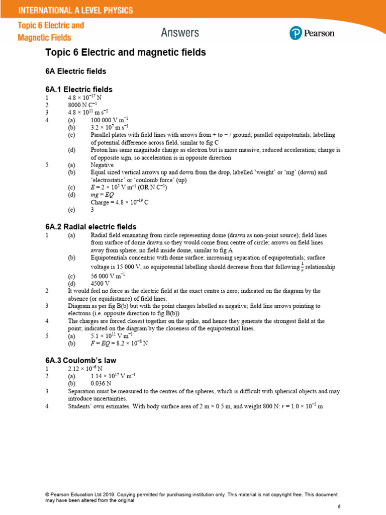 IAL Physics SB2 Answers 6A | PDF | Electric Field | Force