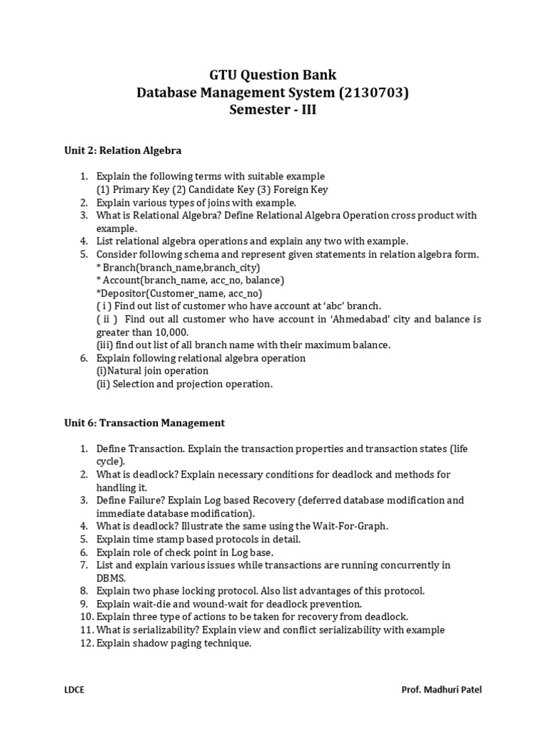 Dbms Question Bank Prof Madhuri Patel j1sPW4 | PDF | Pl/Sql | Sql