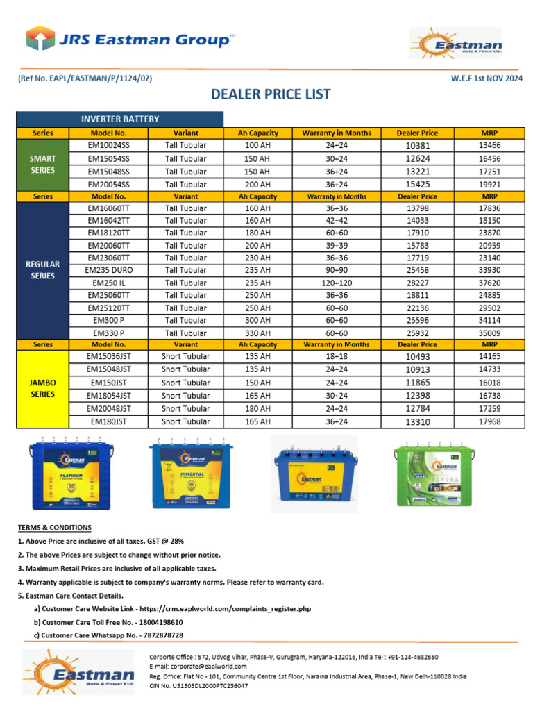 Eastman Battery Price List 2024 | PDF