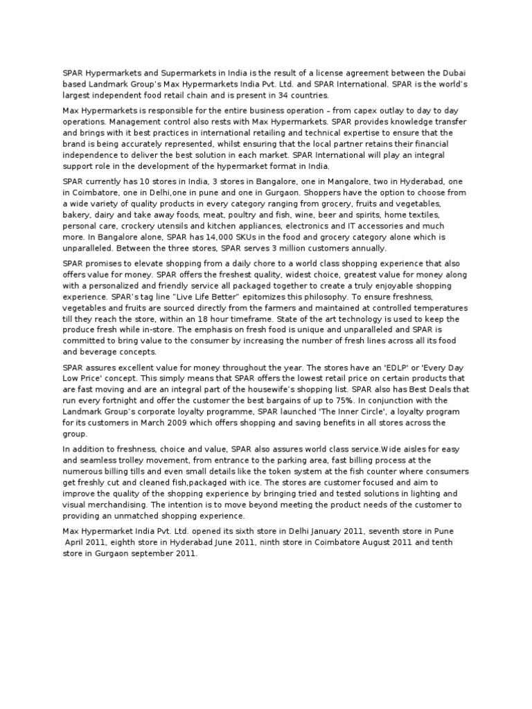 SPAR Hyper Markets and Supermarkets in India Is The Result of A License ...