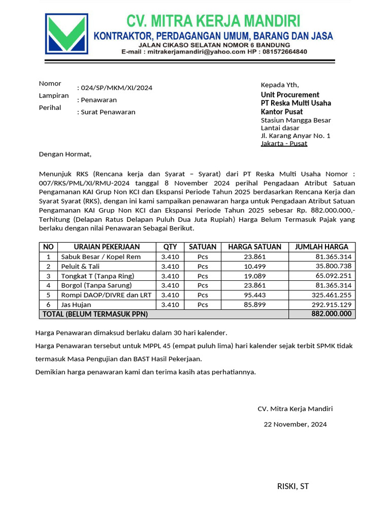 Surat Penawaran Atribut MKM - NO PPN - 19 Nov | PDF