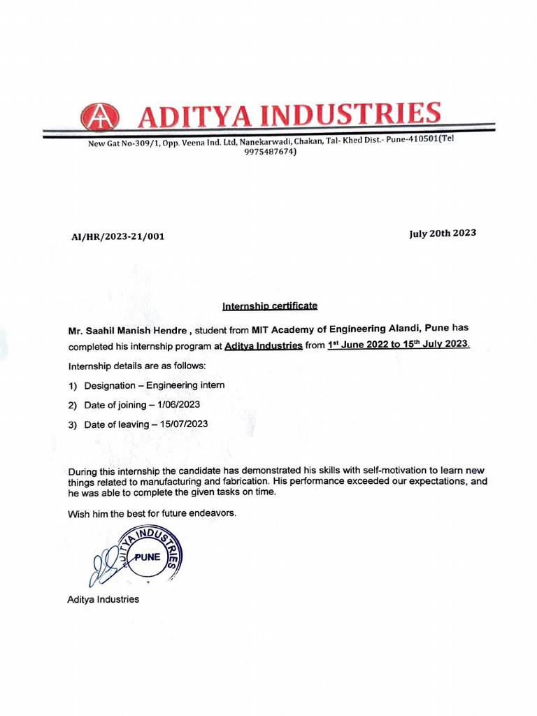 Saahil Hendre Summer Internship Certificate | PDF