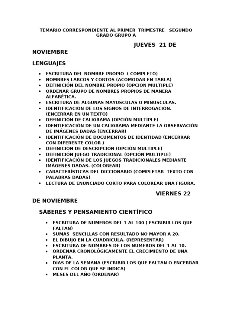 Temario Segundo Grado Primer Trimestre | PDF | Escritura