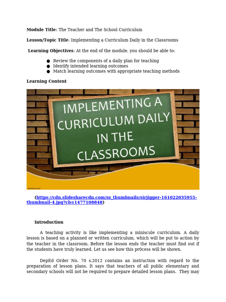 Module 9 Implementing A Curriculum Daily | PDF | Learning Styles | Learning