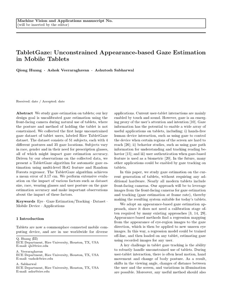 Tabletgaze | PDF | Eye | Camera
