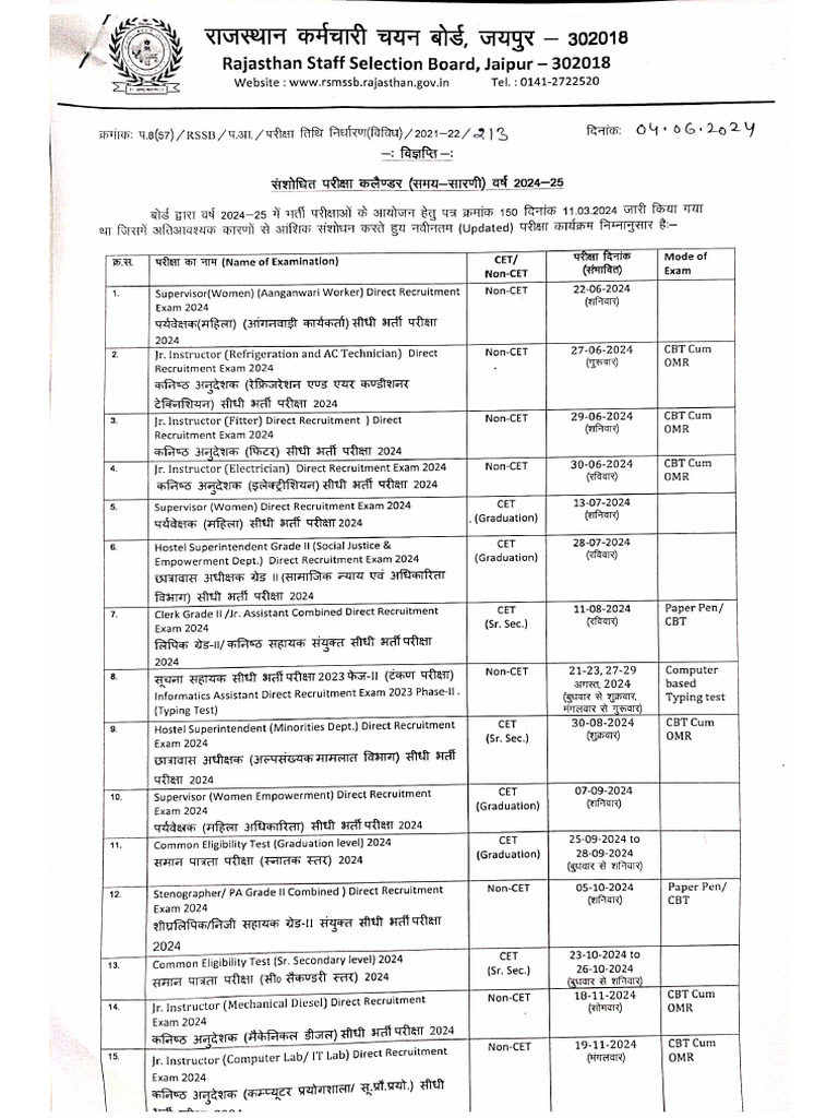 RSSB Exam Calender Revised 24-25 | PDF