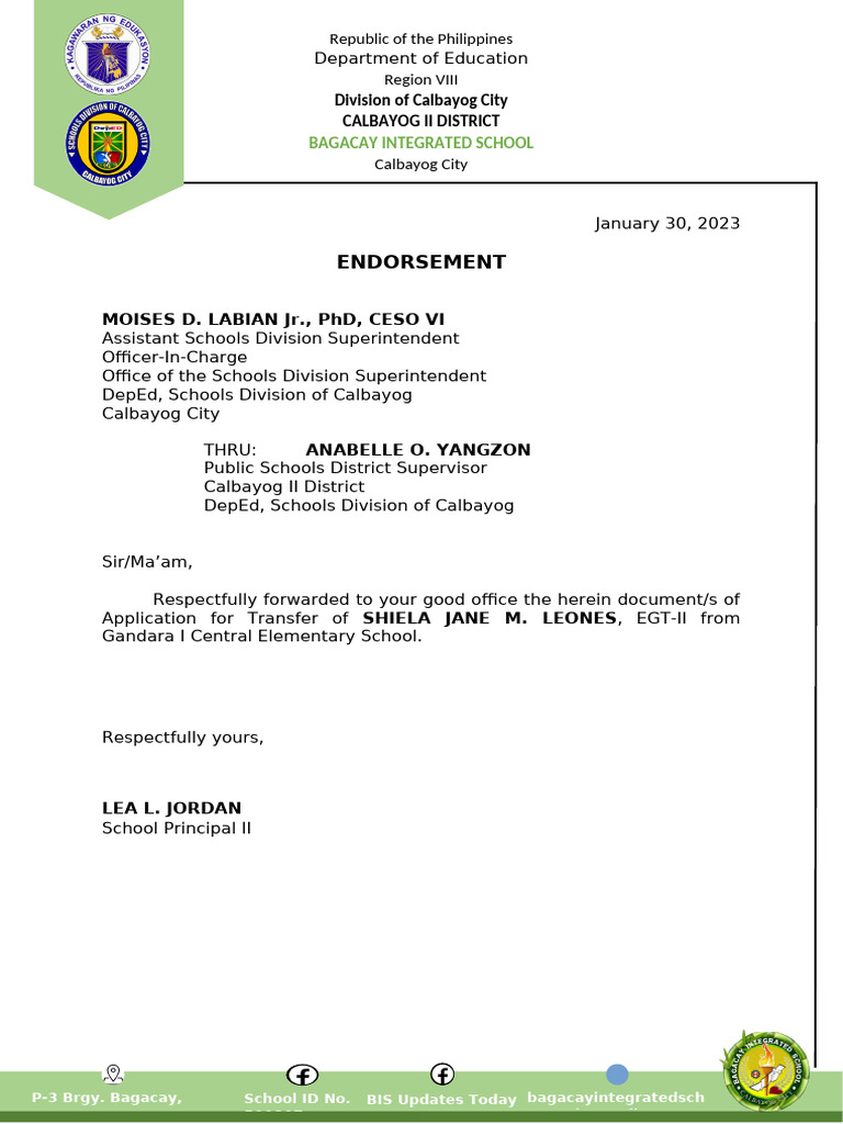 Endorsement - Applicant For Transfer | PDF | Public Administration ...