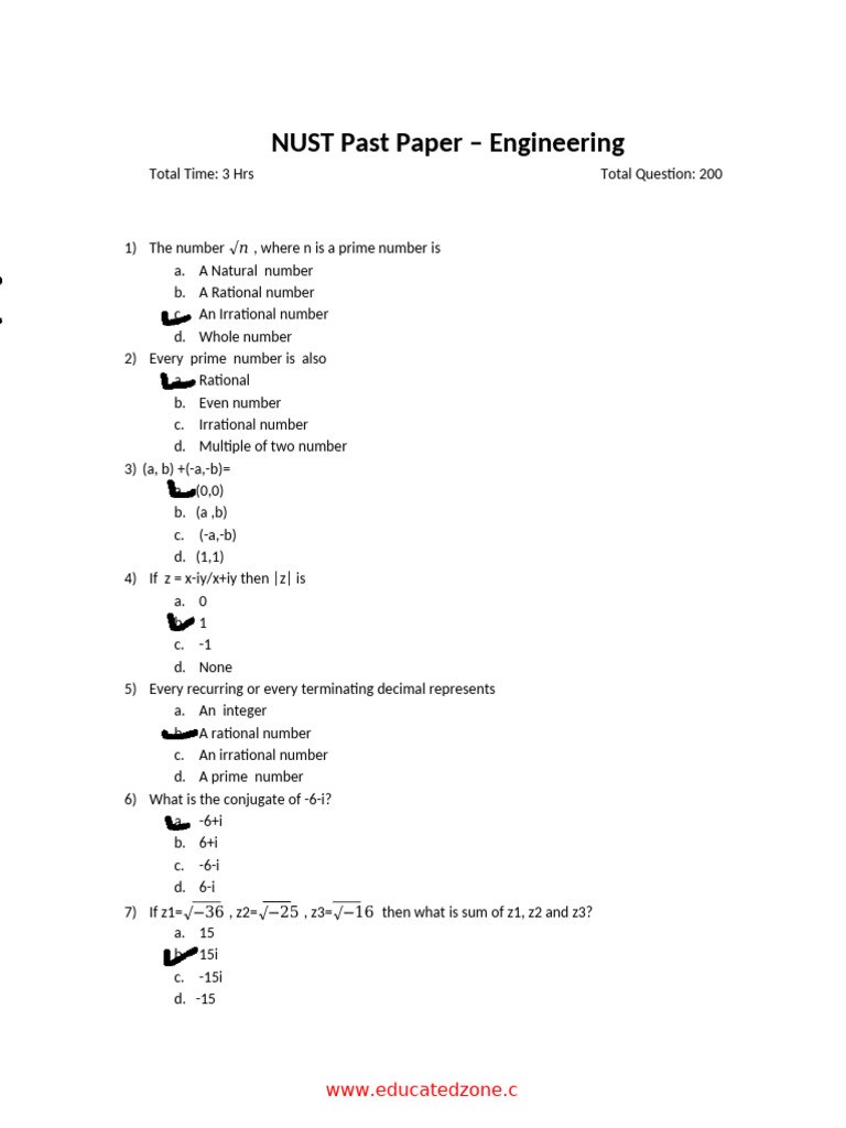 NUST Engineering Pastpaper 1 | PDF | Angle | Numbers