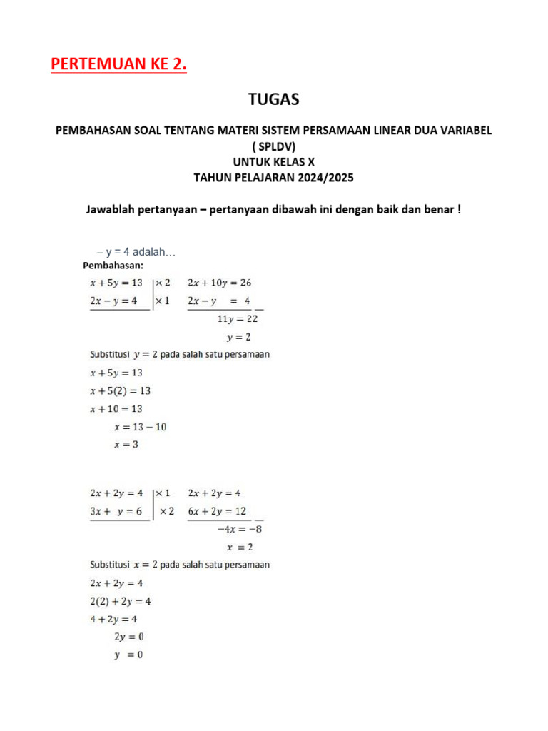 Pembahasan Soal TUGAS (SPLDV) Kls X | PDF