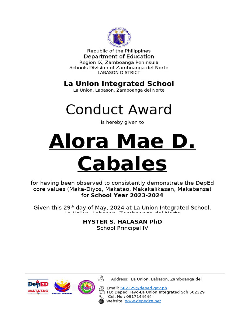 Conduct Award for Alora Mae D. Cabales | PDF