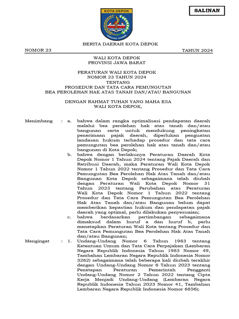 Peraturan Walikota Depok Nomor 23 Tahun 2024 Tentang Prosedur Dan Tata Cara Pemungutan BPHTB | PDF