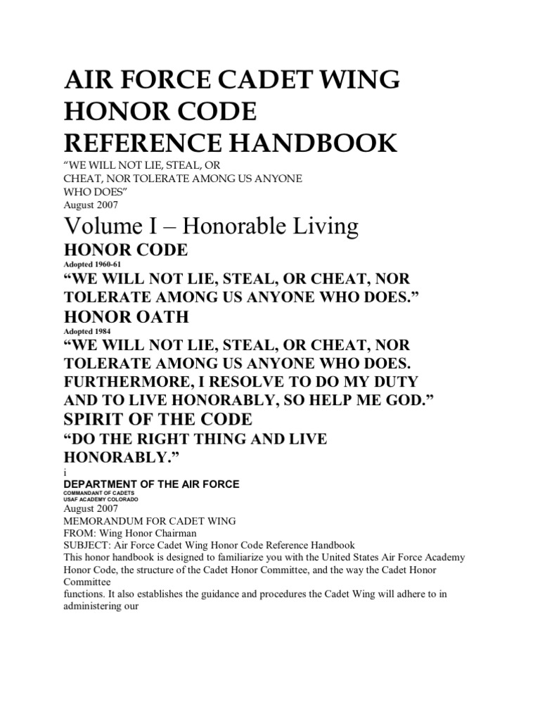 Air Force Cadet Wing Honor Code. Reference Book. Volume II- The Honor ...