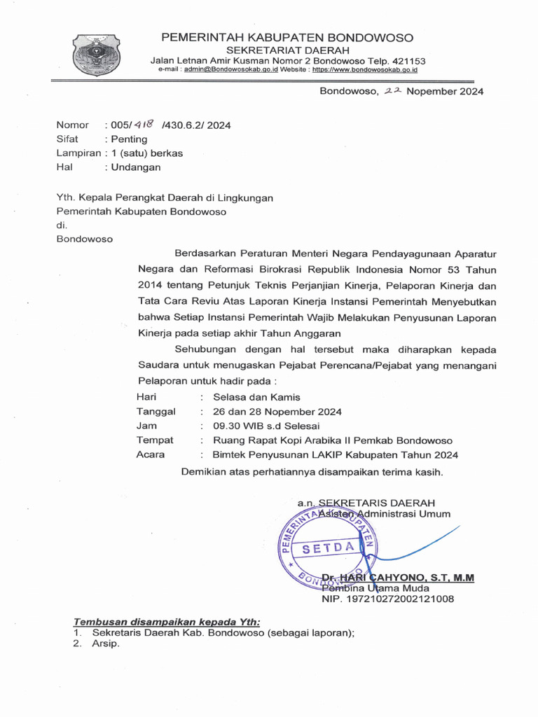 SRT Undg Bimtek Penyusunan LAKIP 2024 | PDF