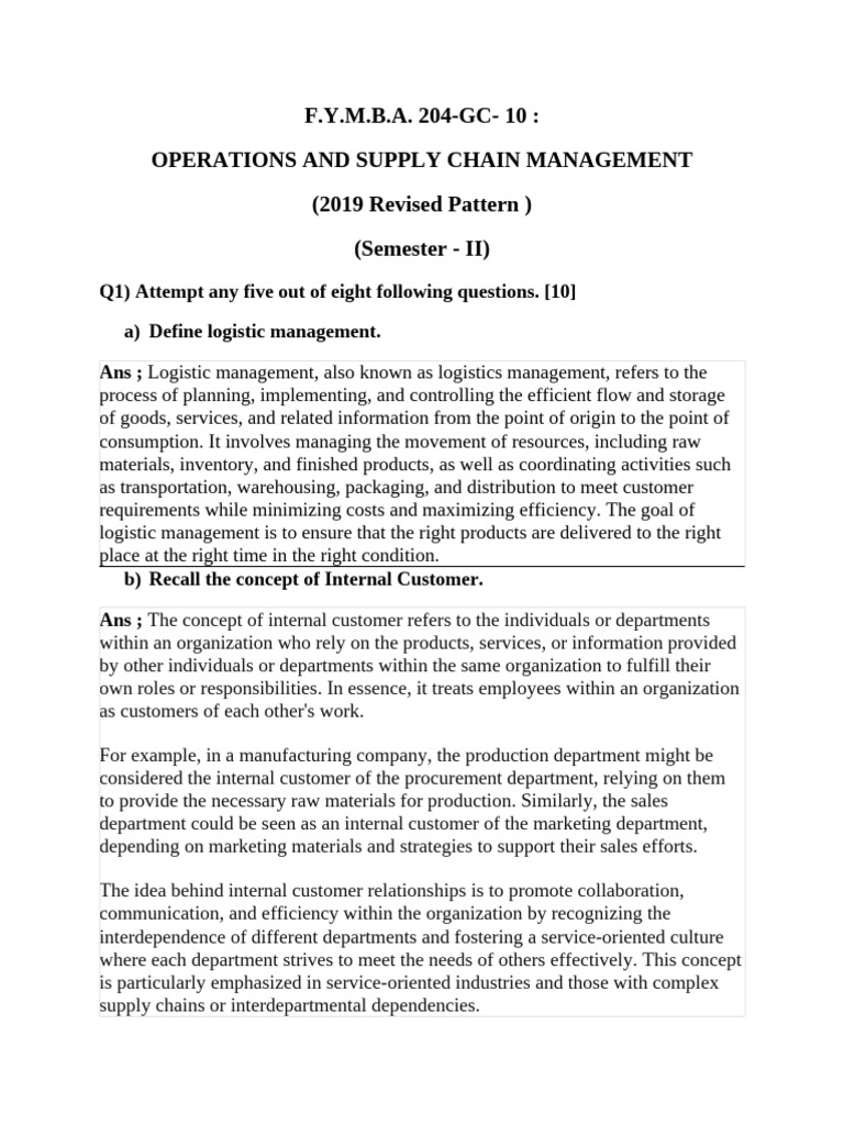 204 Operation & Supply Chain Management Model Ans | PDF | Supply Chain | Supply Chain Management