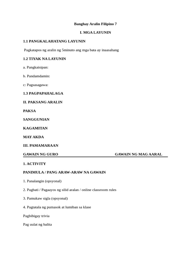 Banghay Aralin Filipino 7 | PDF