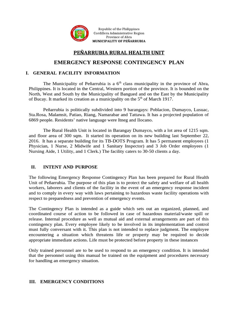 Peñarrubia Health Unit Emergency Plan | PDF | Personal Protective ...