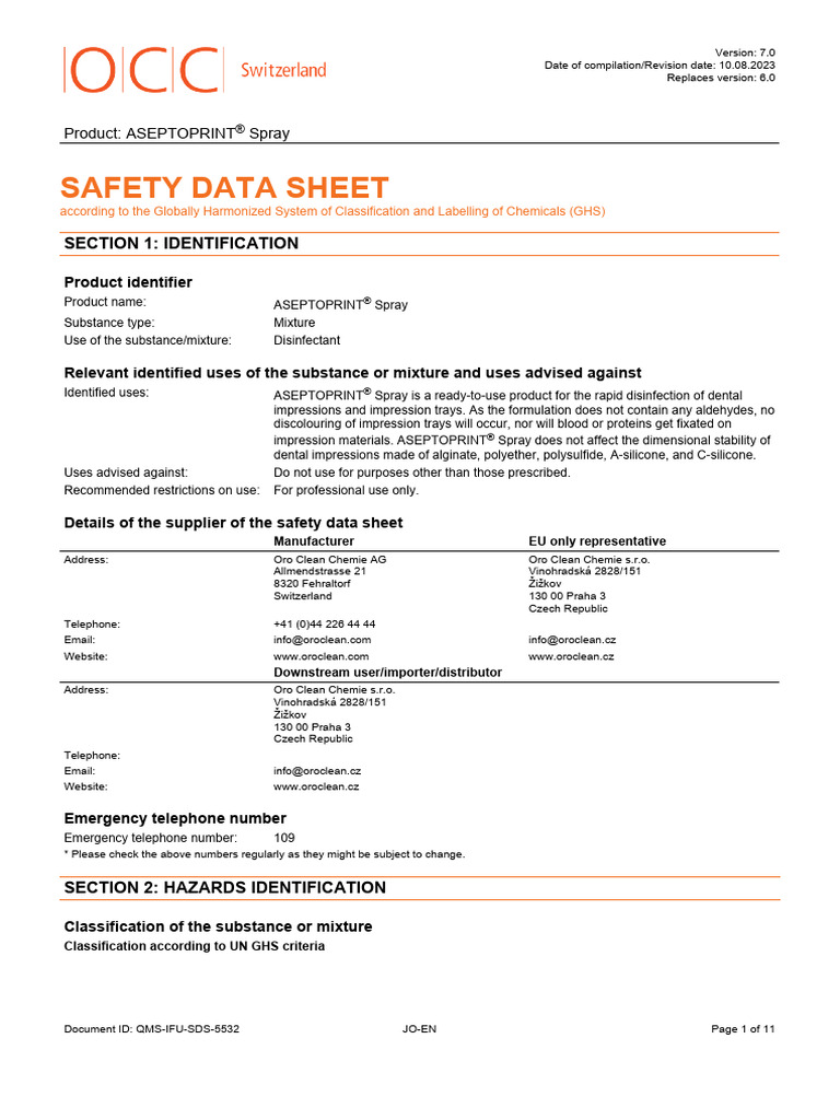 Impression Disinfectant - ASEPTOPRINT Spray - SDS | PDF | Dangerous ...
