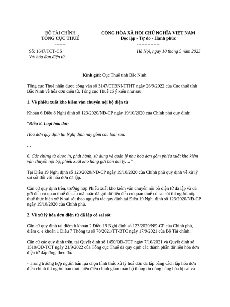 CV1647 - Huong Dan Xu Ly Hoa Don Dien Tu Co Sai Sot | PDF