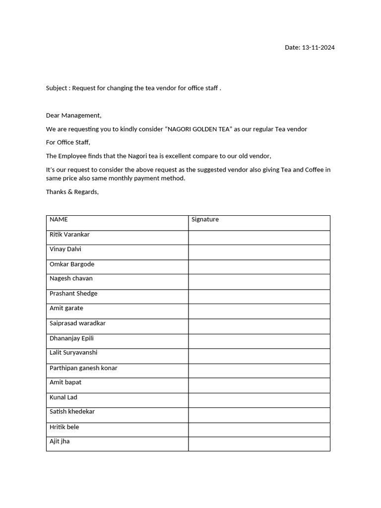 Request to Change Office Tea Vendor | PDF