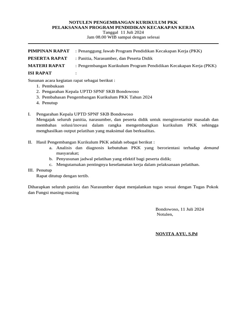 NOTULEN Pengembangan Kurikulum | PDF