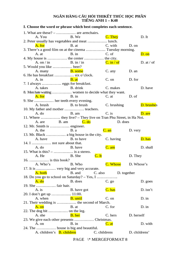 Đề cương ôn tập Tiếng Anh 1 K48 final | PDF