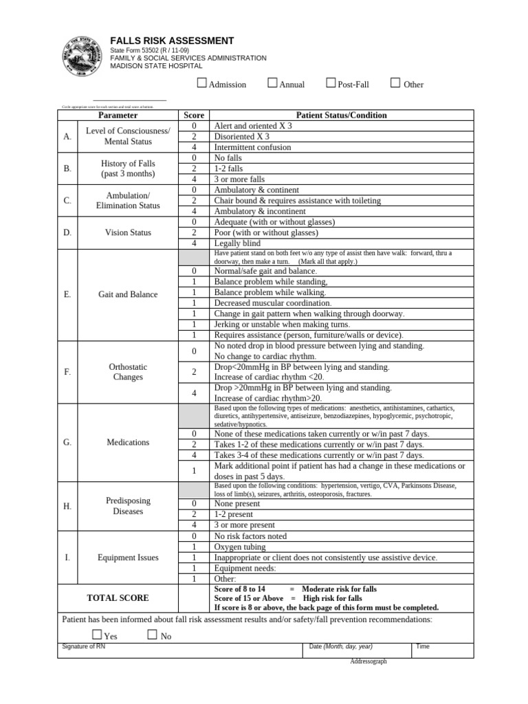 Fall Risk Assessment Form | PDF | Clinical Medicine | Medical Specialties