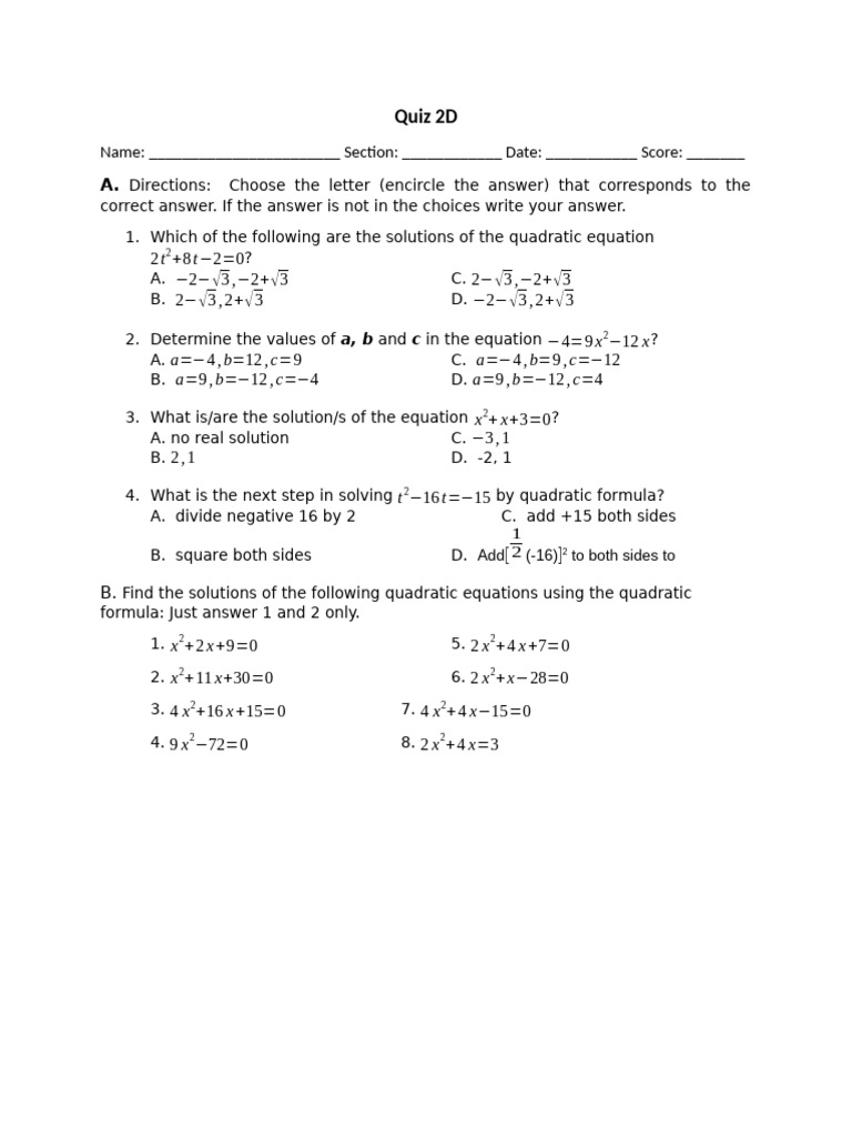 Quadratic Equation Quiz 2D | PDF