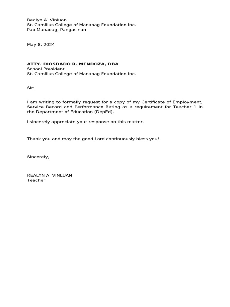 Letter Request For COE | PDF