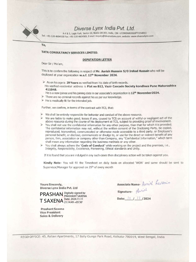 Deputation Letter Aarish | PDF