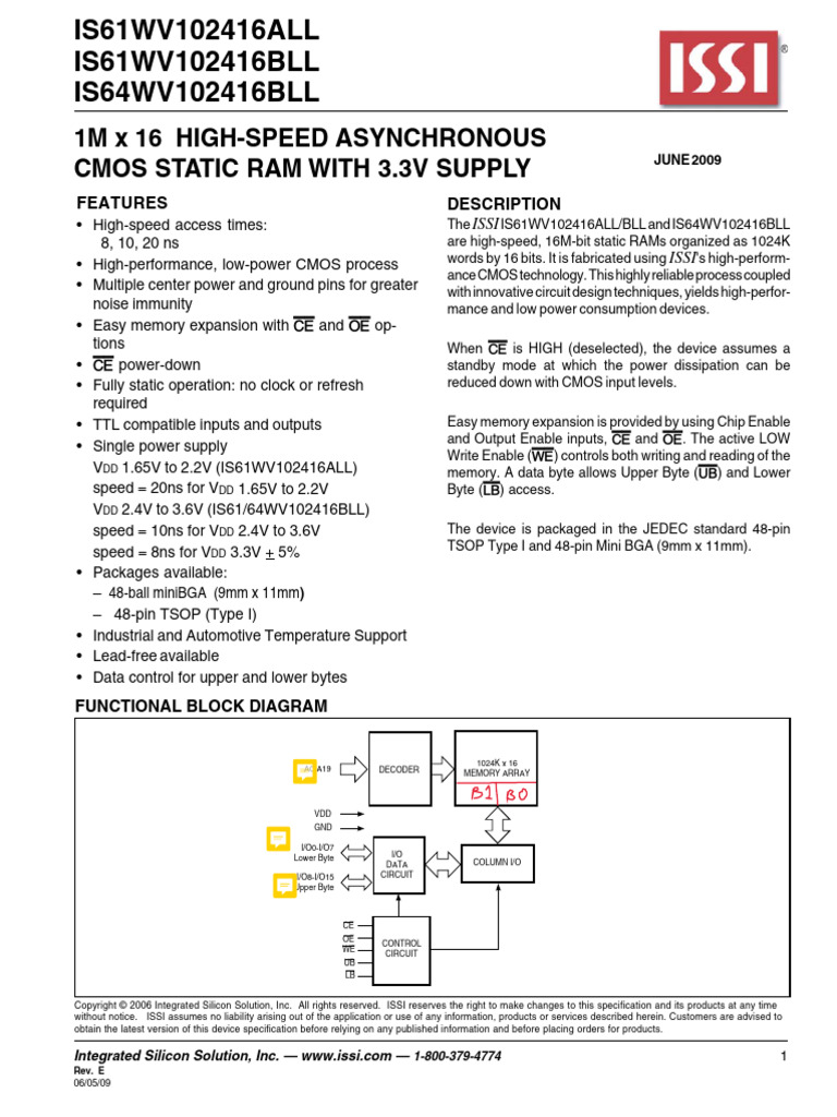 61WV102416ALL (ISSI - 1M X 16 - SRAM) | PDF | Cmos | Electrical Engineering