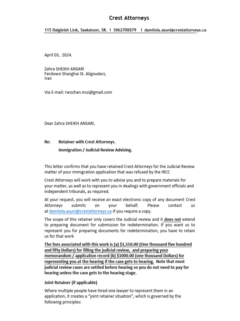 Retainer Contract - Zahra SHEIKH ANSARI | PDF | Lawyer | Conflict Of ...