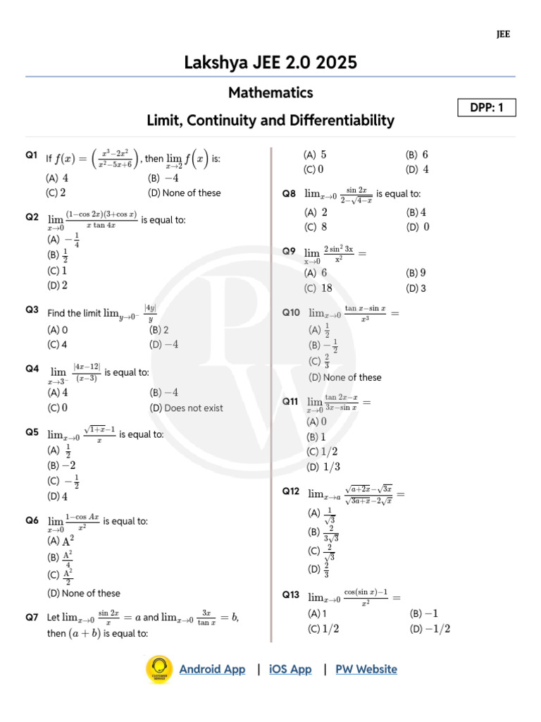 Limit, Continuity and Differentiability - DPP 01 - Lakshya JEE 2.0 2025 ...
