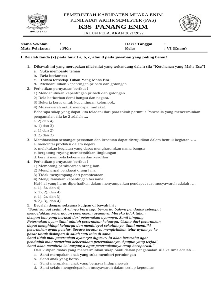 Soal Pas Pkn Kelas 6 Pdf 