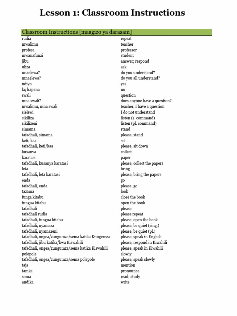 Classroom Instructions in English and Kiswahili | PDF