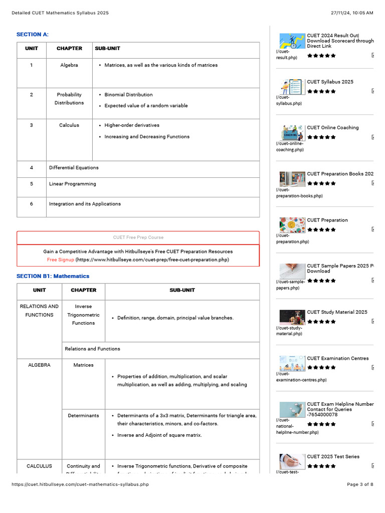 CUET Mathematics Syllabus 2025 | PDF | Function (Mathematics) | Matrix ...