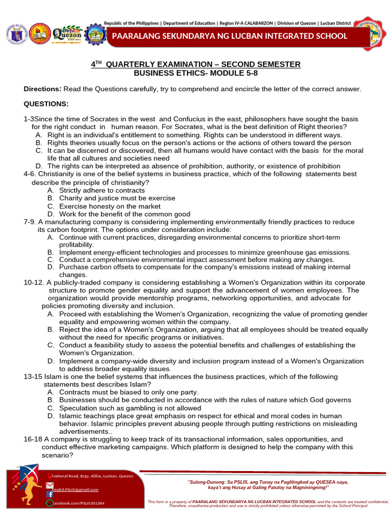 Business Ethics Q4 Periodical Test | PDF | Business Ethics | Rights