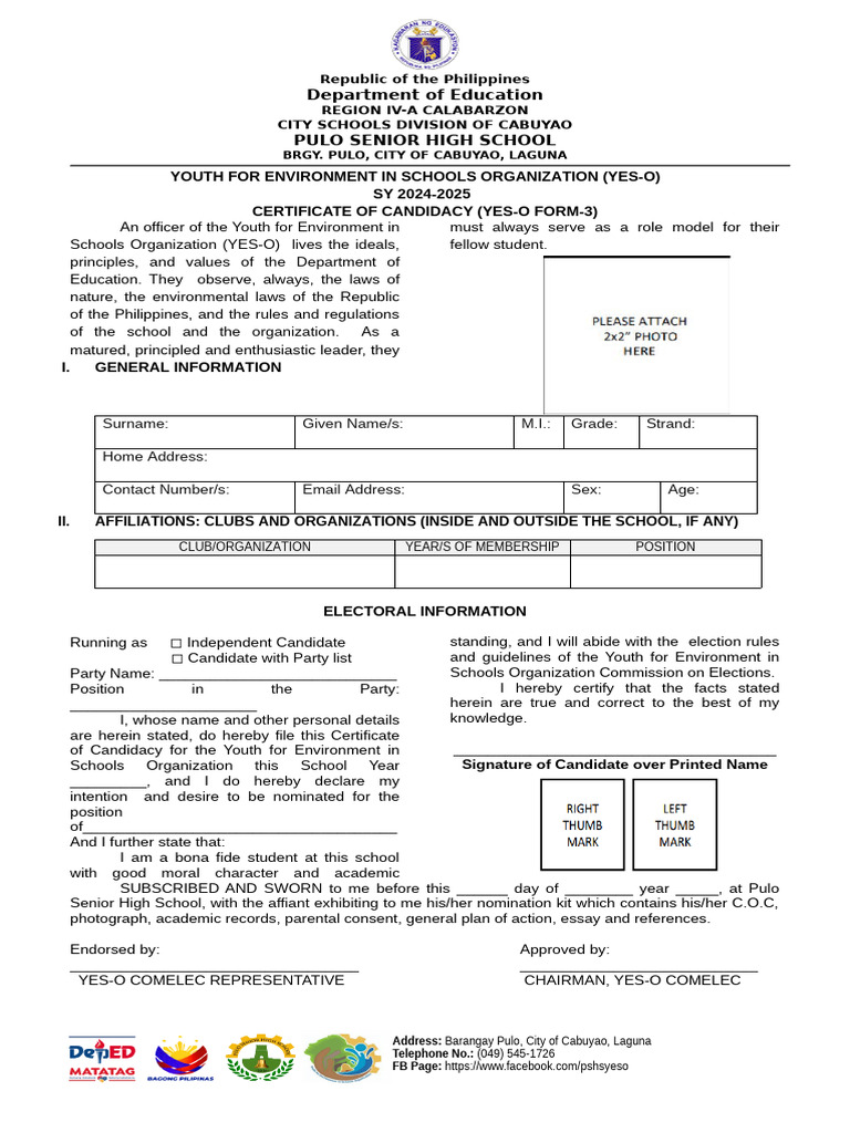 Yes o Certificate of Candidacy Form 3 | PDF | Elections | Government