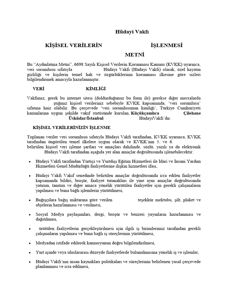Hudayi Vakfi Aydinlatma Metni | PDF