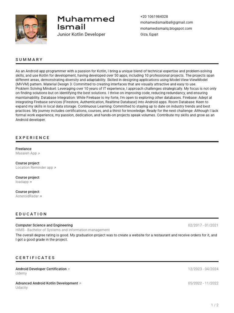 Muhammed Ismail - Junior Kotlin Developer - Resume | PDF | Android (Operating System) | Databases