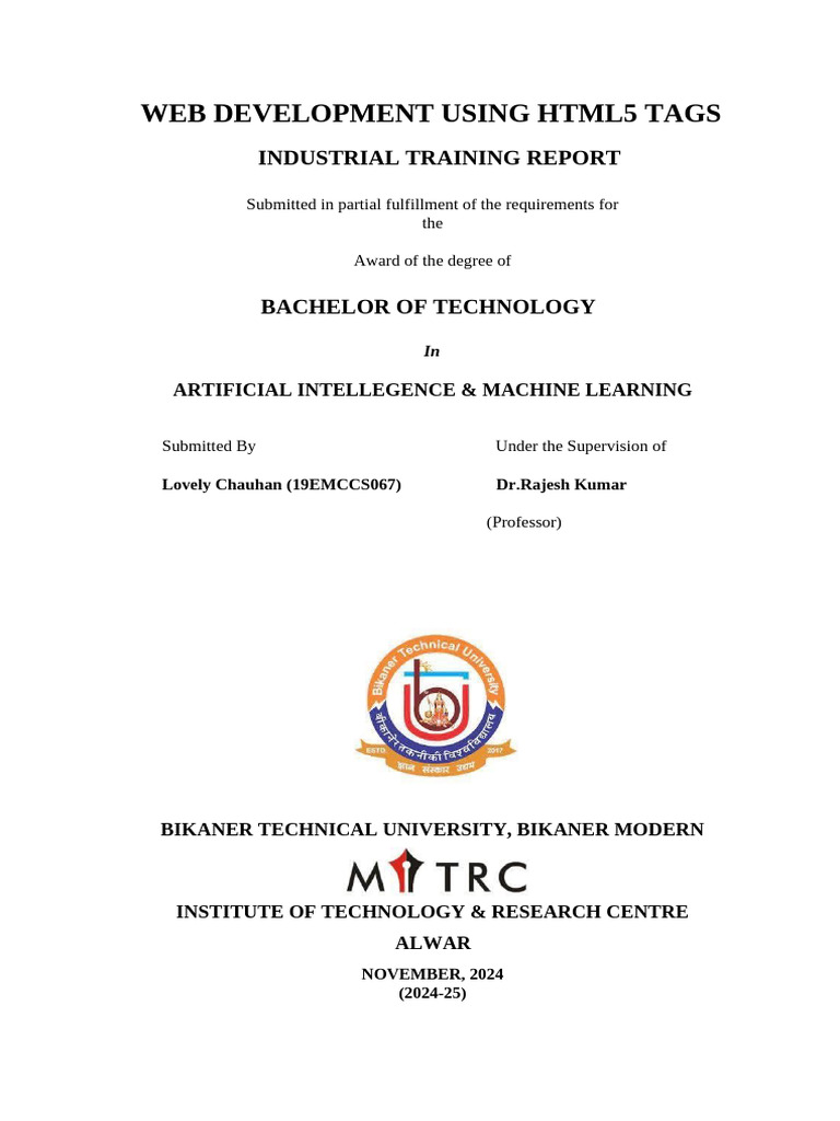 3rd Sem Industrial Training Report Template 3 AI&ML | PDF | Information ...