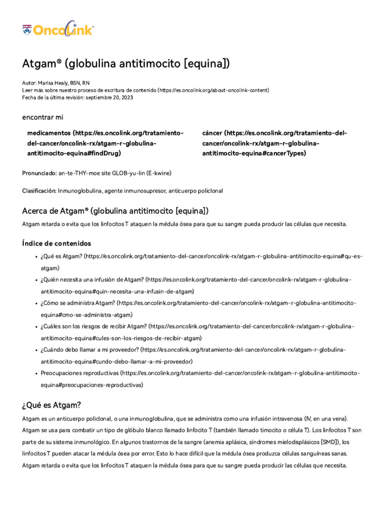 Atgam® (Globulina Antitimocito (Equina) ) - OncoLink | PDF | Sangre ...