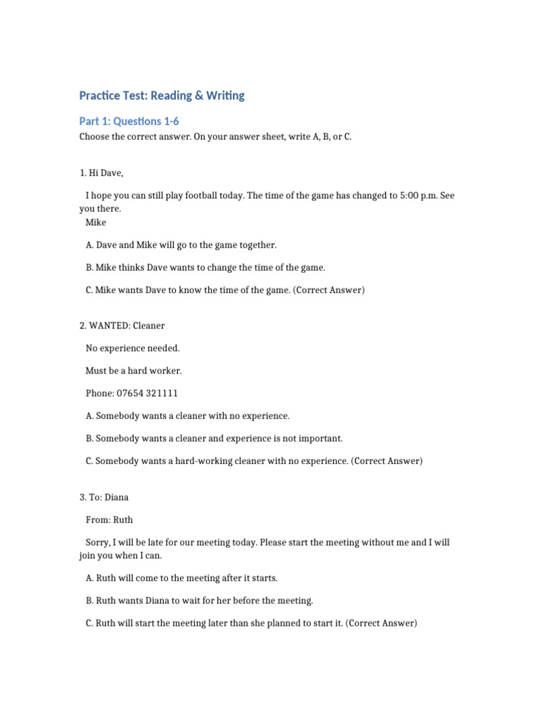 Practice Test Reading Writing | PDF