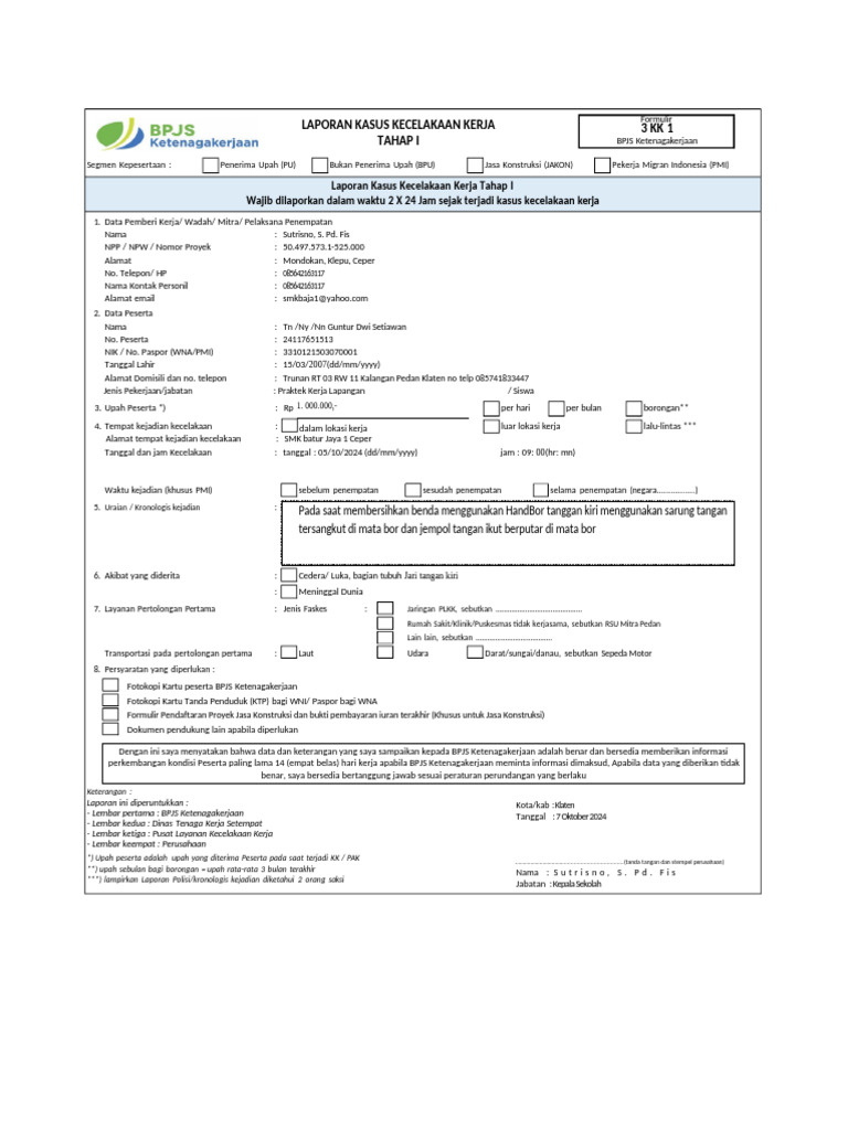 Formulir 3KK1 BPJS Ketenagakerjaan | PDF