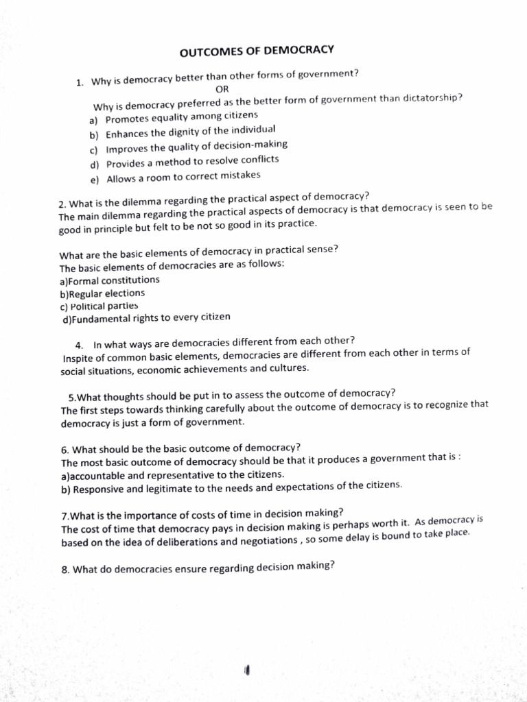 Outcomes of Democracy Notes | PDF | Democracy | Political Ideologies