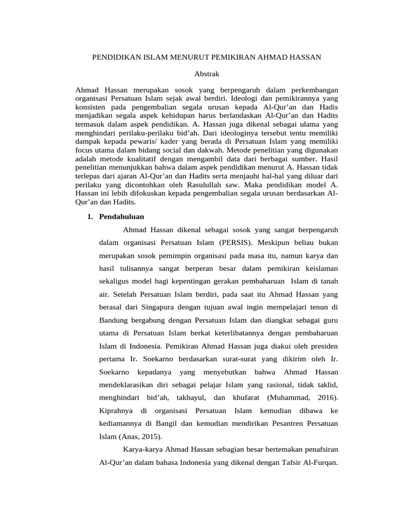 Pendidikan Islam Menurut Pemikiran Ahmad Hassan | PDF