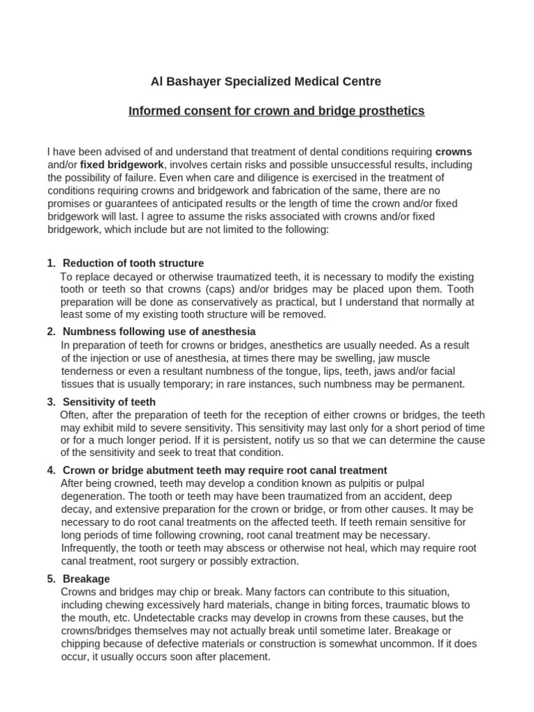Consent Crown Bridge Prosthetics | PDF | Tooth | Medical Specialties