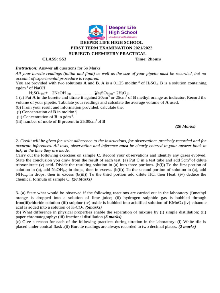 Ss 3 Chemistry Practical Exam First Term 2021-2022 Academic Section ...