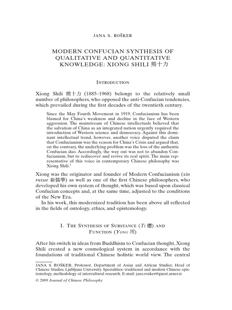 Modern Confucian Synthesis of Qualitative and Quantitative Knowledge: Xiong Shili | PDF | Mind ...