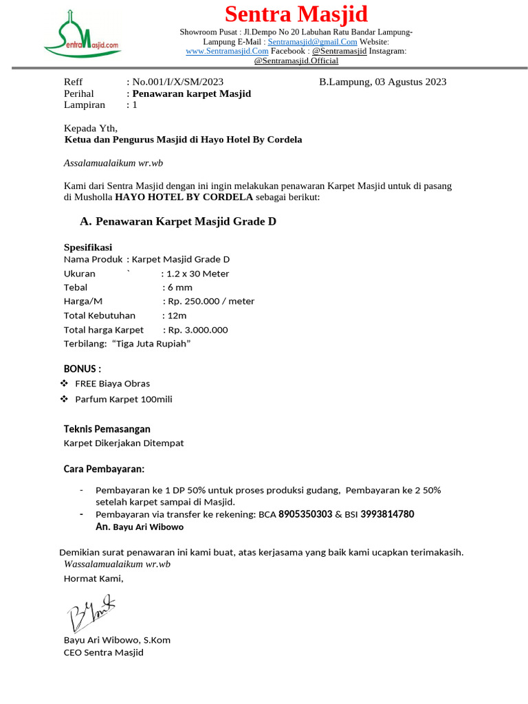 Surat Penawaran Masjid Hayo Hotel | PDF